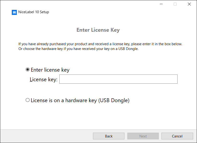 Setup with license key or hardware key – NiceLabel Help Center