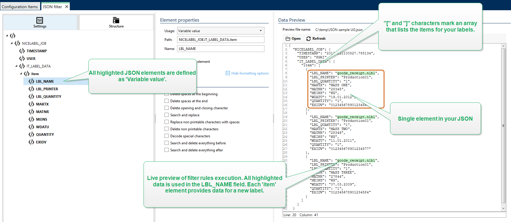 Configuring JSON Filter NiceLabel Help Center